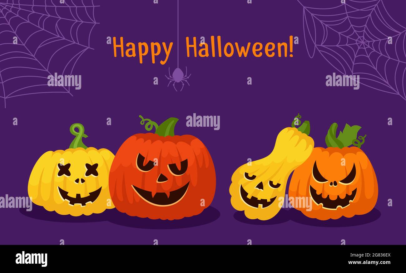 Happy Halloween card, pumpkin face, cobweb and spider. Cartoon pumpkins ...