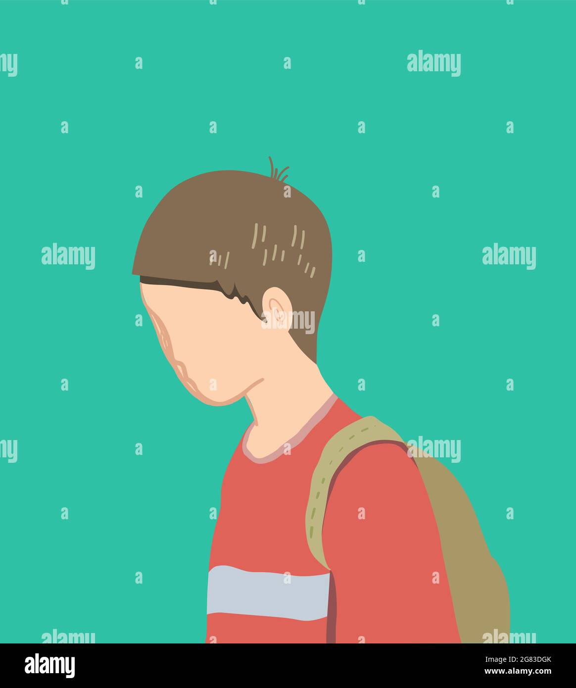 Sad alone boy with school bag on green background. Cartoon minimalistic ...