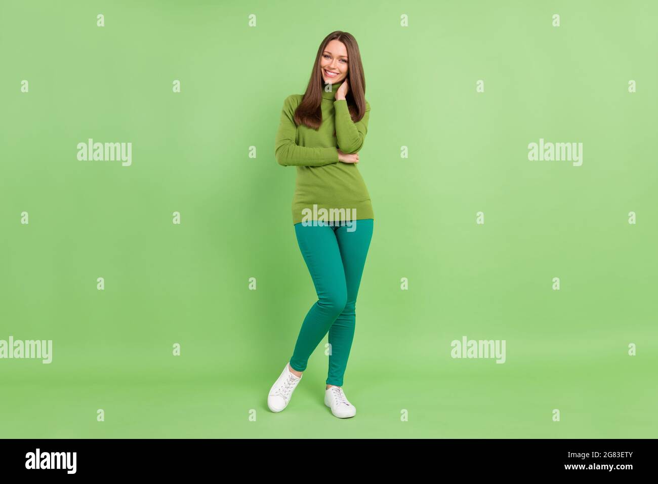 Full size photo of cheerful young happy lady hold hands face good mood ...