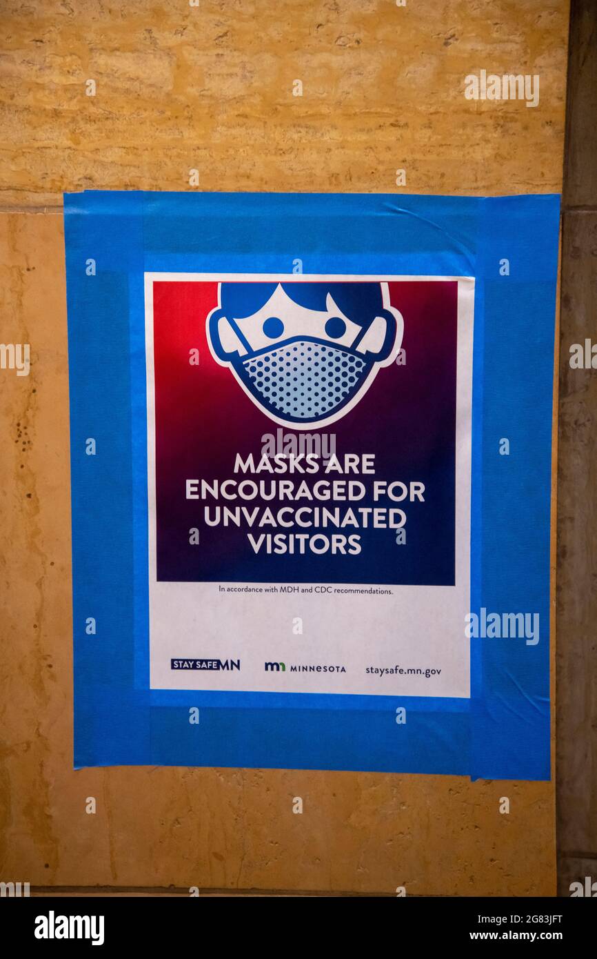 St. Paul, Minnesota. Mask encouragement for unvaccinated visitors sign ...