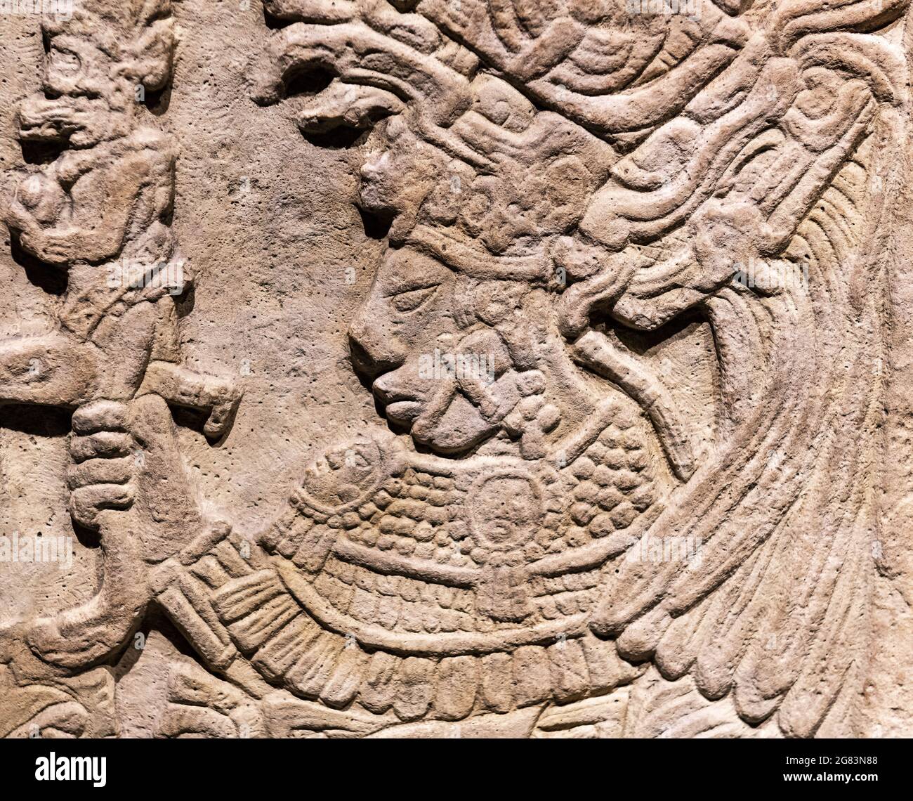 Bas relief carving in a tombstone of a mayan ruler king, Mexico City ...