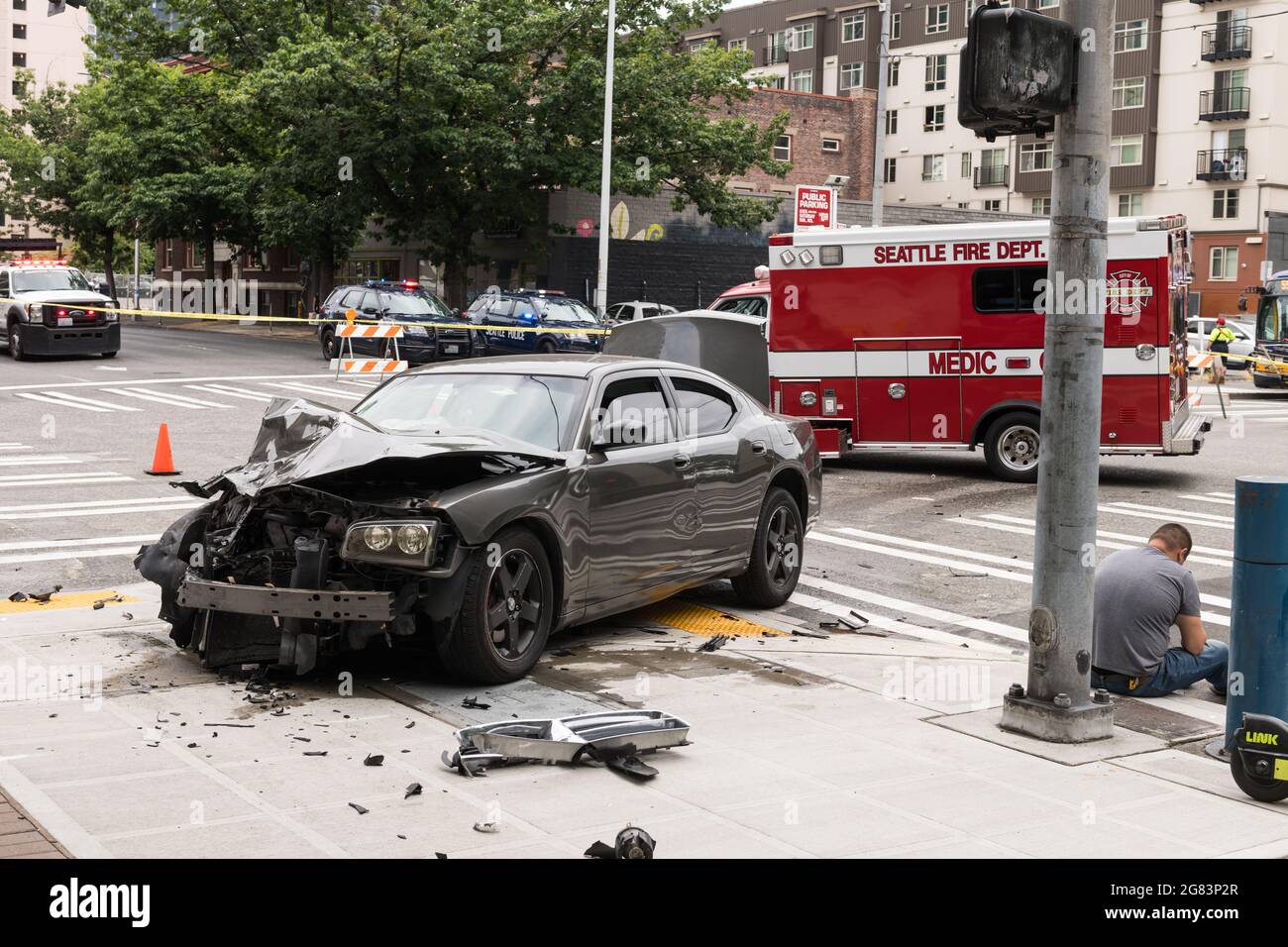 Seattle, USA. 16th Jul, 2021. Early in the evening a two-vehicle ...