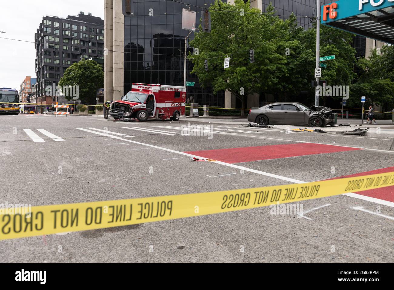 Seattle, USA. 16th Jul, 2021. Early in the evening a two-vehicle ...
