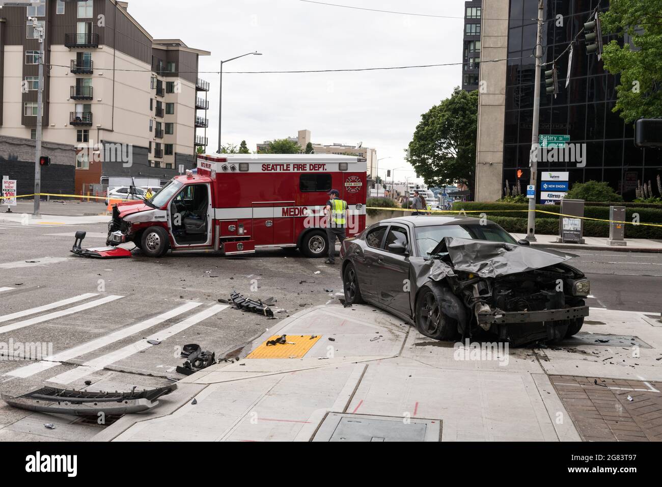 Seattle, USA. 16th Jul, 2021. Early in the evening a two-vehicle ...