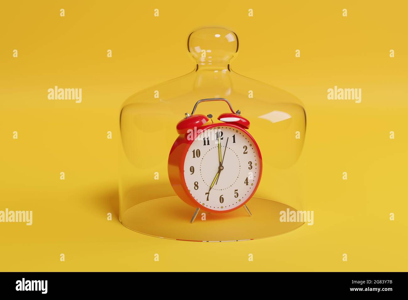 Alarm clock under glass bell isolated on yellow background. 3d ...