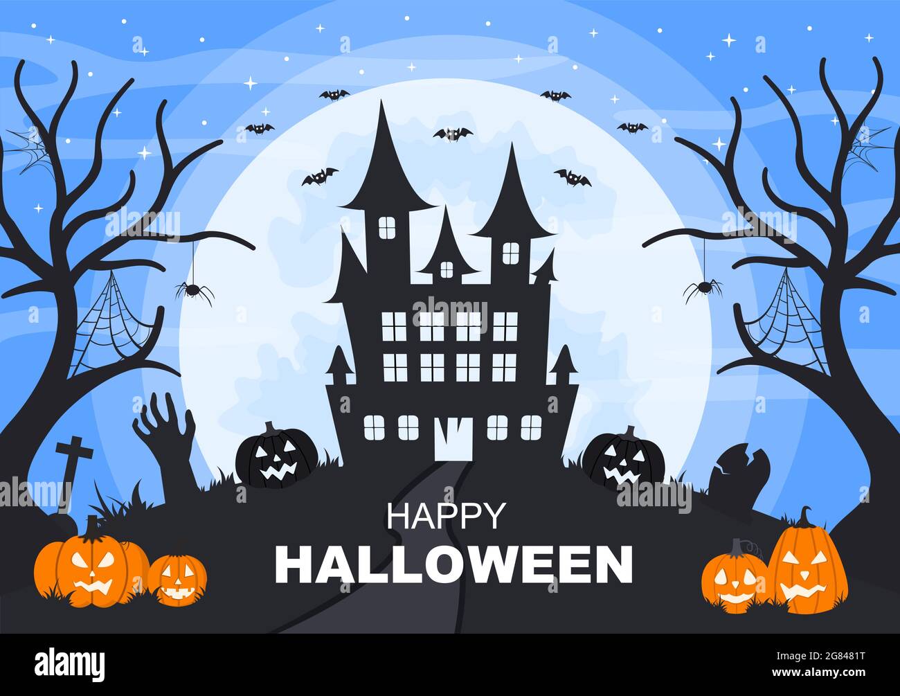 Halloween Night Party Landing Page Illustration With Witch, Haunted ...