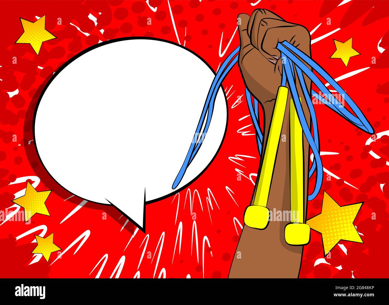 Afro-American female hand holds a skipping rope. Cartoon, comic book ...