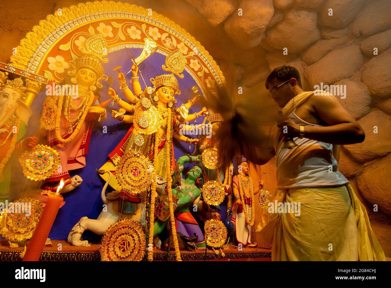Kolkata, India - October 16, 2018 : Young Hindu Priest praying to ...