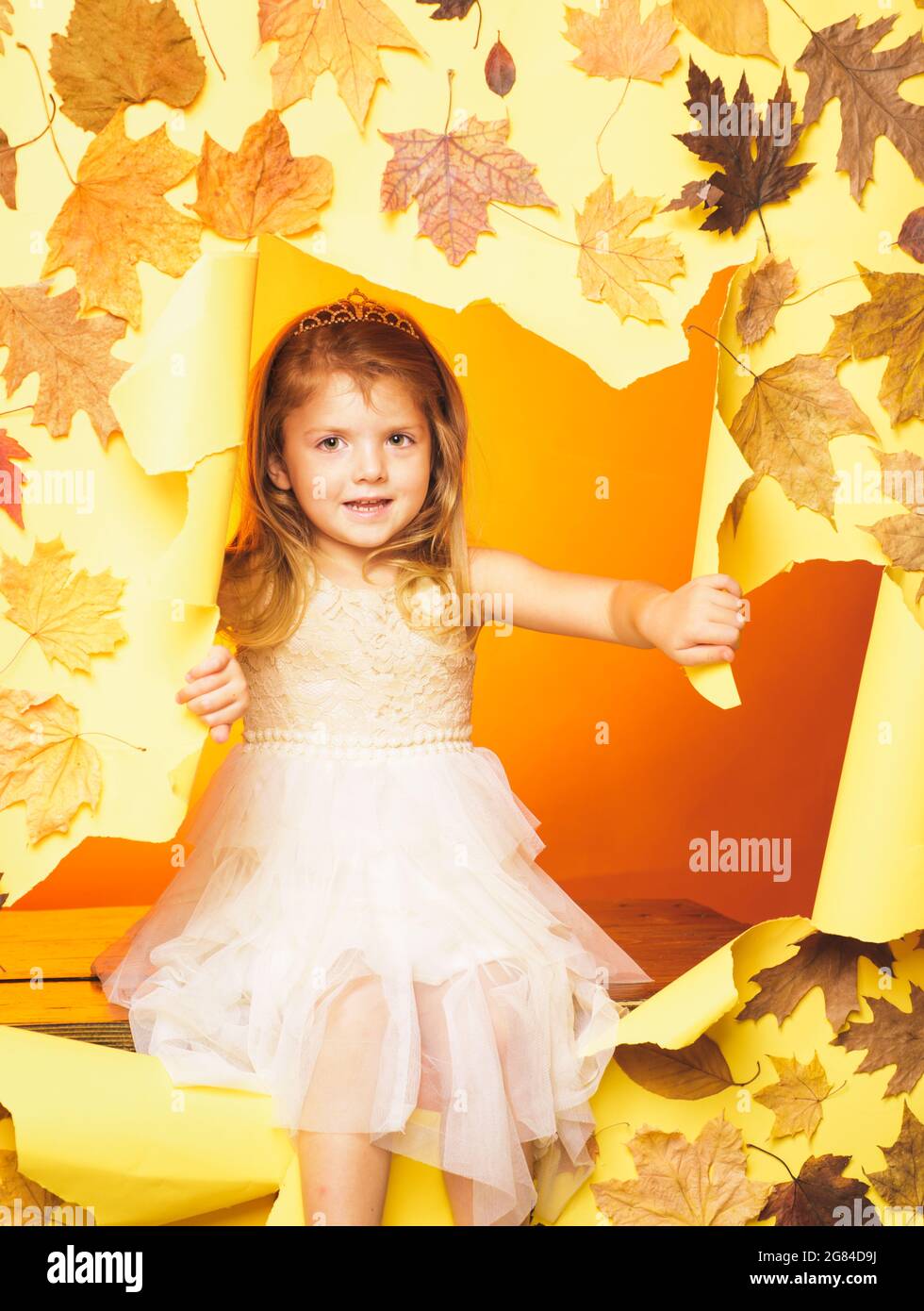 Hello September. Happy children. Gold Background. Leaf fall leaves ...