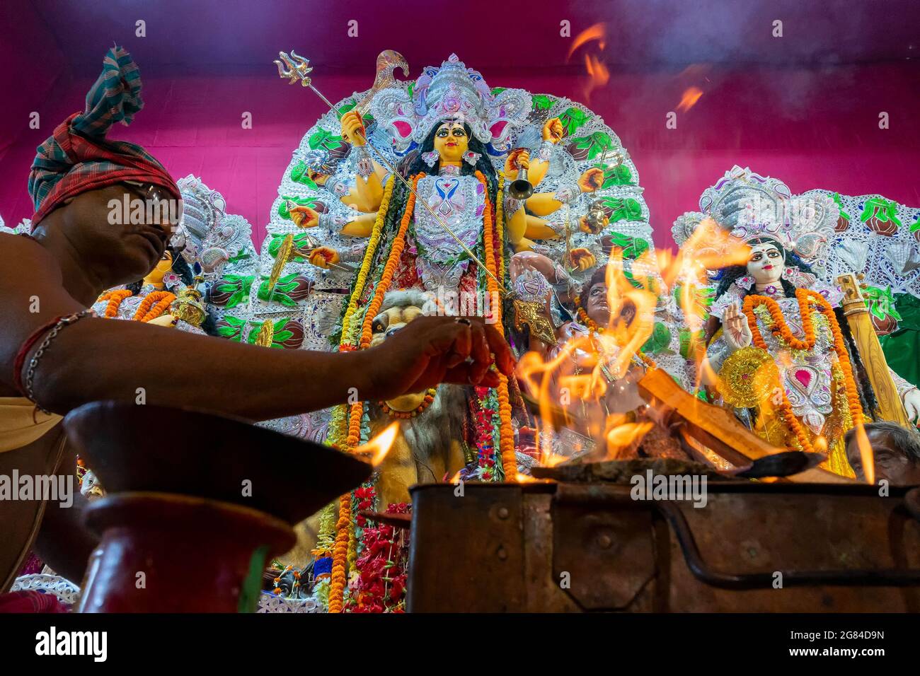 Kolkata, India - October 18, 2018 : Hindu Priest making sacred fire for ...