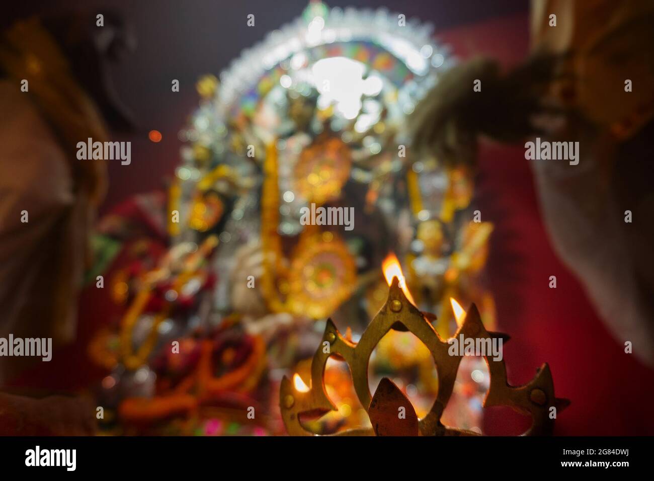 Kolkata, India - October 16, 2018 : Sacred holy lamp is lit under holy ...