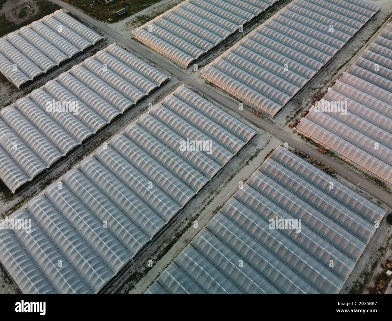 Aerial drone view of huge areas greenhouse for growing vegetables ...