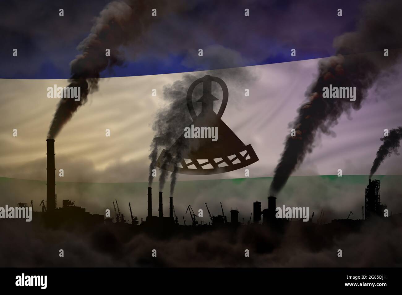 dense smoke of plant pipes on Lesotho flag - global warming concept ...