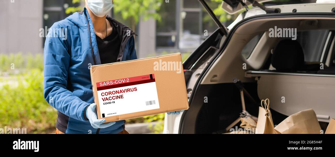 Close up of paper boxes with coronavirus vaccine, copy space, world ...