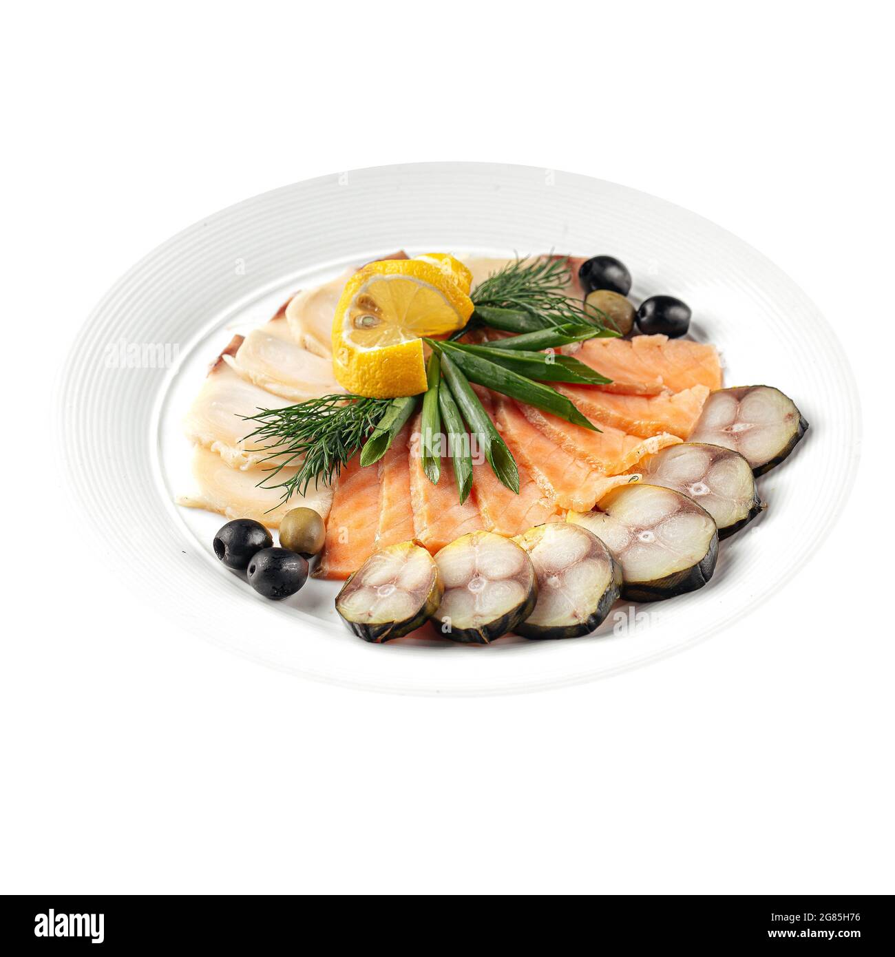 Assorted smoked fish platter on wooden background Stock Photo - Alamy