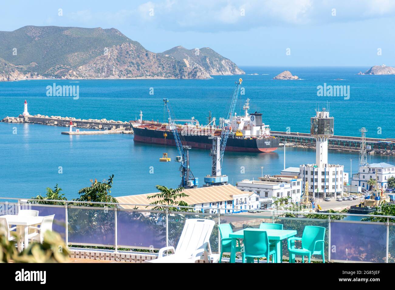 High-angle view of Skikda Port, shipping containers, oil tanker ship ...