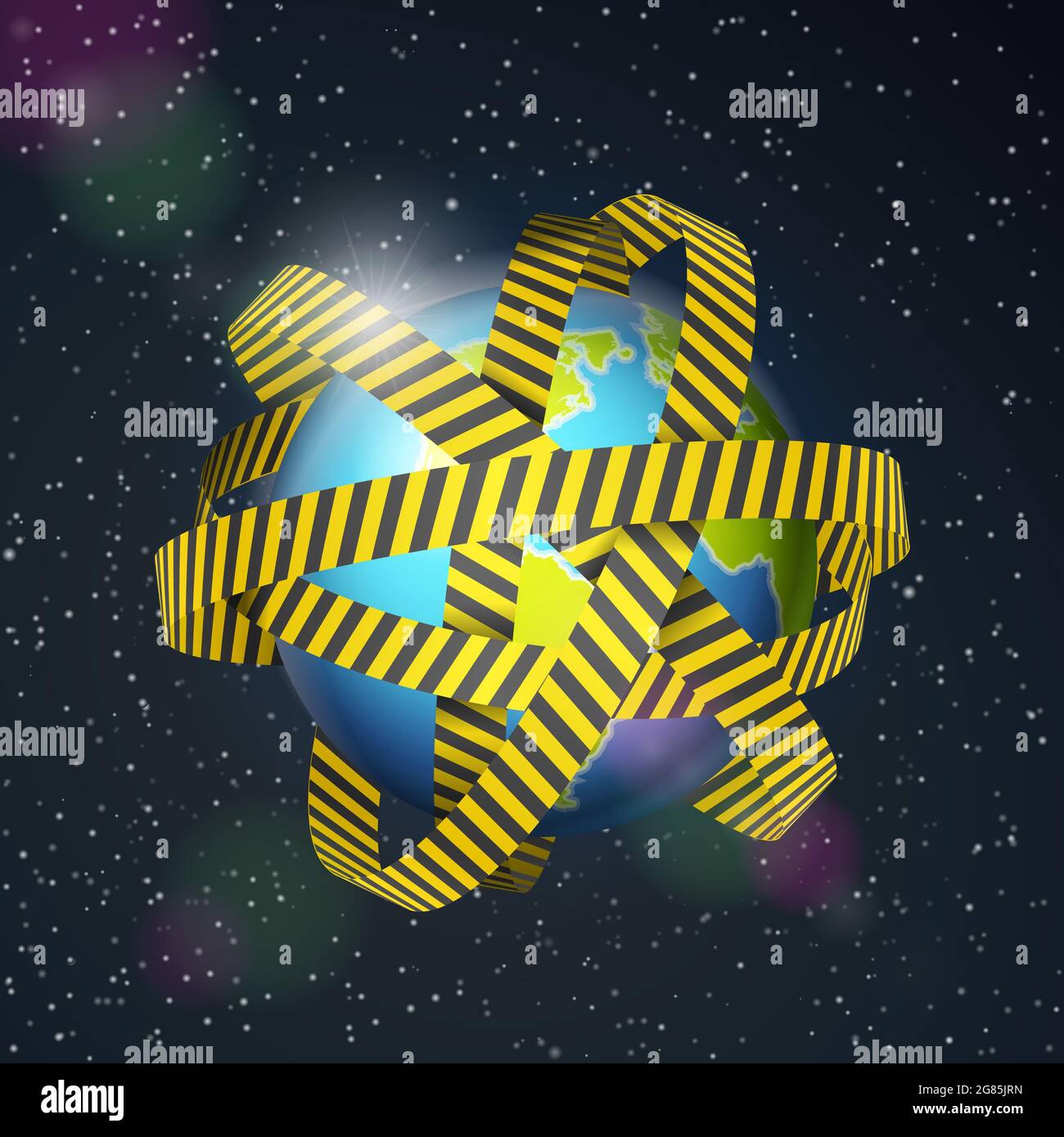 World globe with warning tape on space background. Vector illustration ...