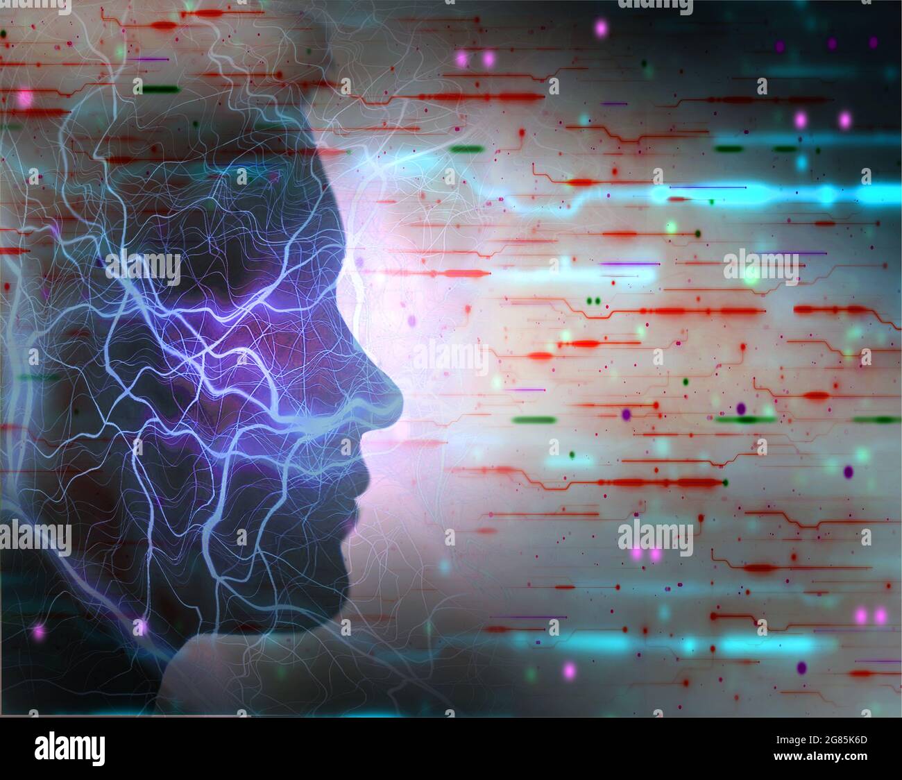 profile of a mans face with electrical and static activity depicting ...
