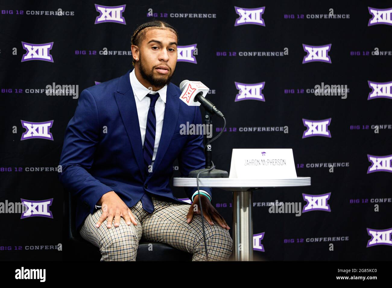 Kansas State Wildcats defensive back Jahron McPherson speaks during Big ...