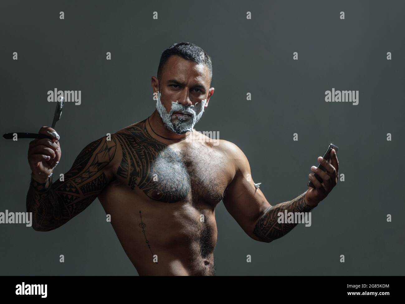 Latin man Shaving and razor. Barber - Shaves and Trims. Shaving Cream ...