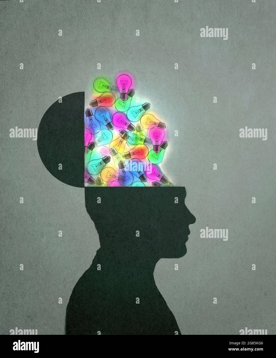 concept image of a mans head with illuminated light bulbs depicting ...