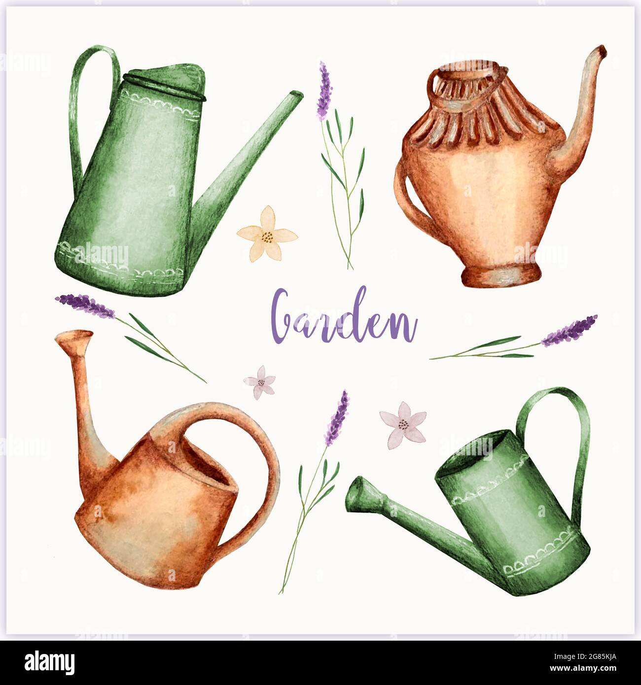 Garden Set of watercolor garden watering cans with sprigs of lavender ...