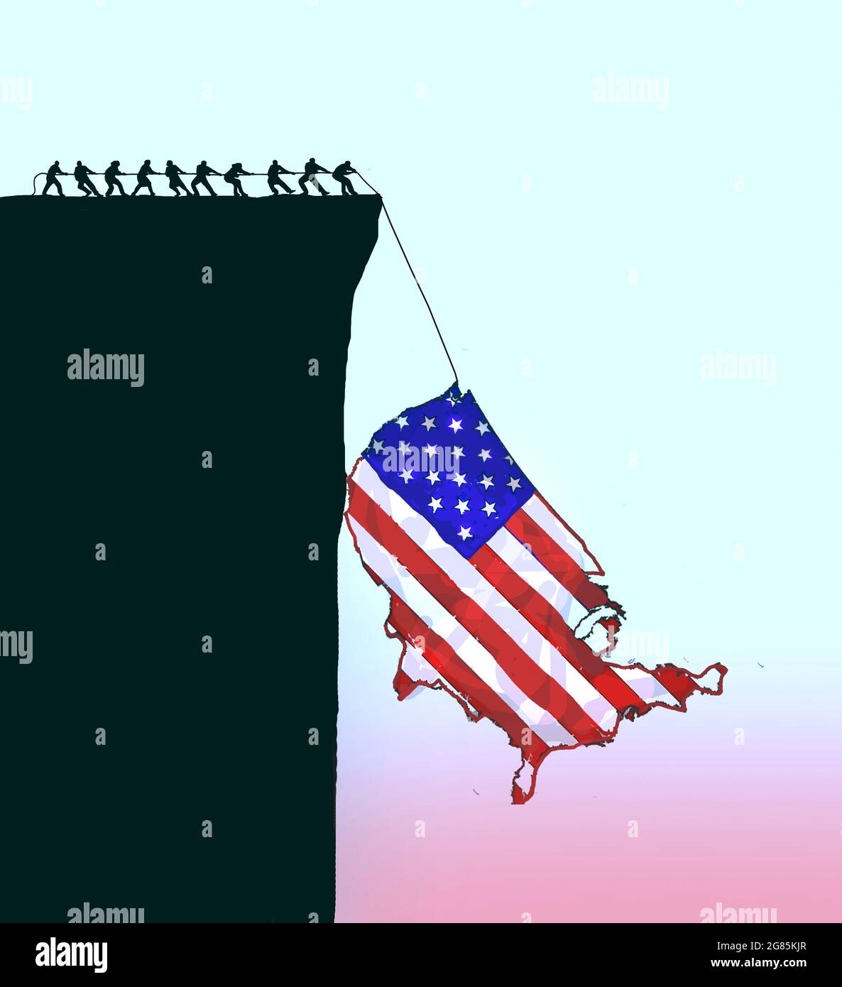 concept image group of people pulling America up from a cliff depicting ...