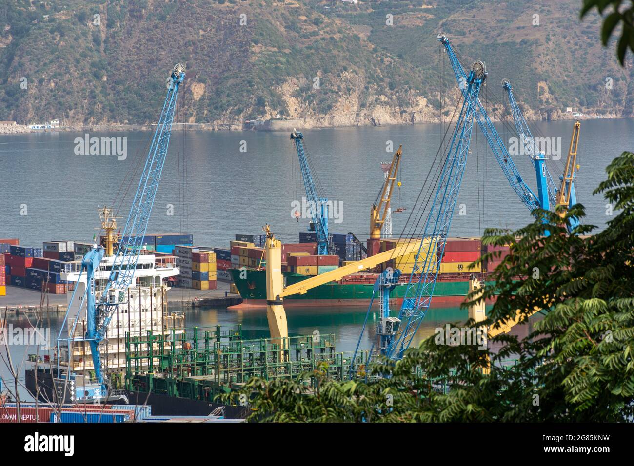 High-angle view of Skikda Port, shipping containers, oil tanker ship ...