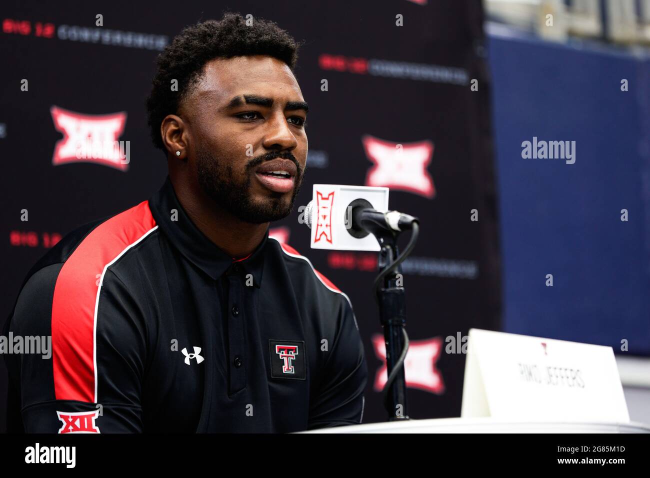 Texas Tech Red Raiders linebacker Riko Jeffers speaks during Big 12 ...