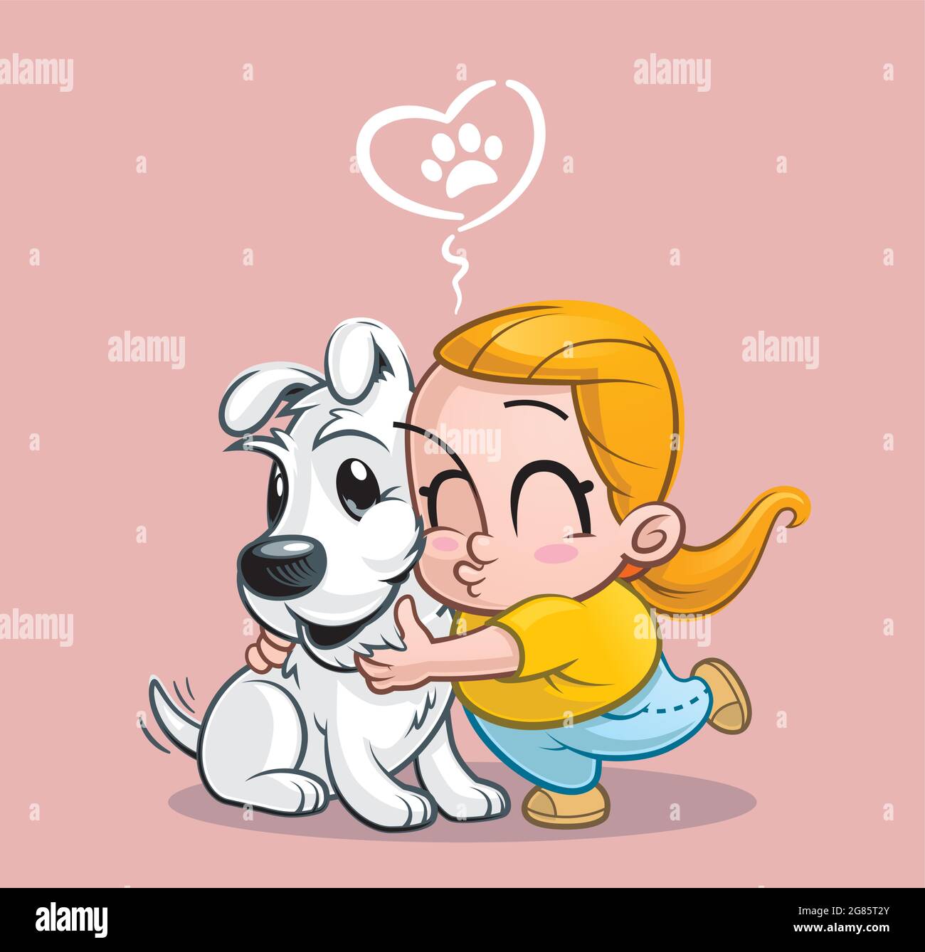 Cartoon illustration of a girl embracing and kissing his dog Stock ...