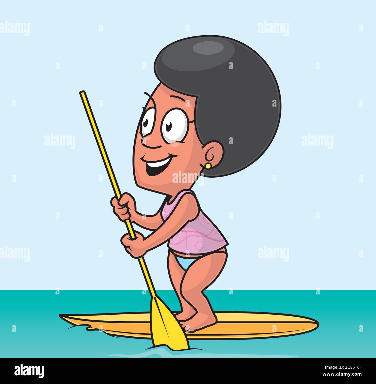 Cartoon illustration of a woman on a surfboard with a oar Stock Vector ...