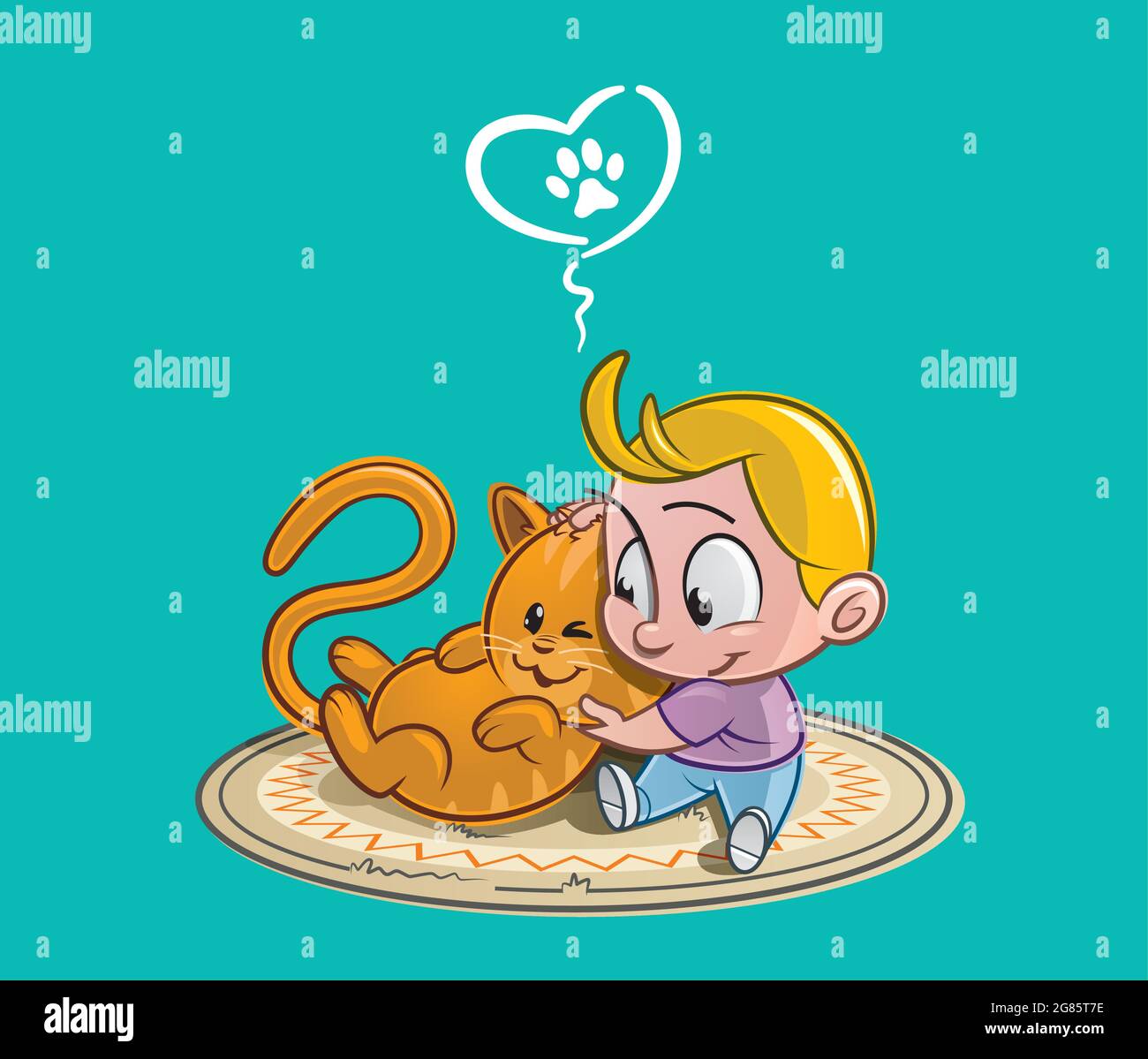 Cartoon illustration of a kid playing with his cute kitty,sitting on ...