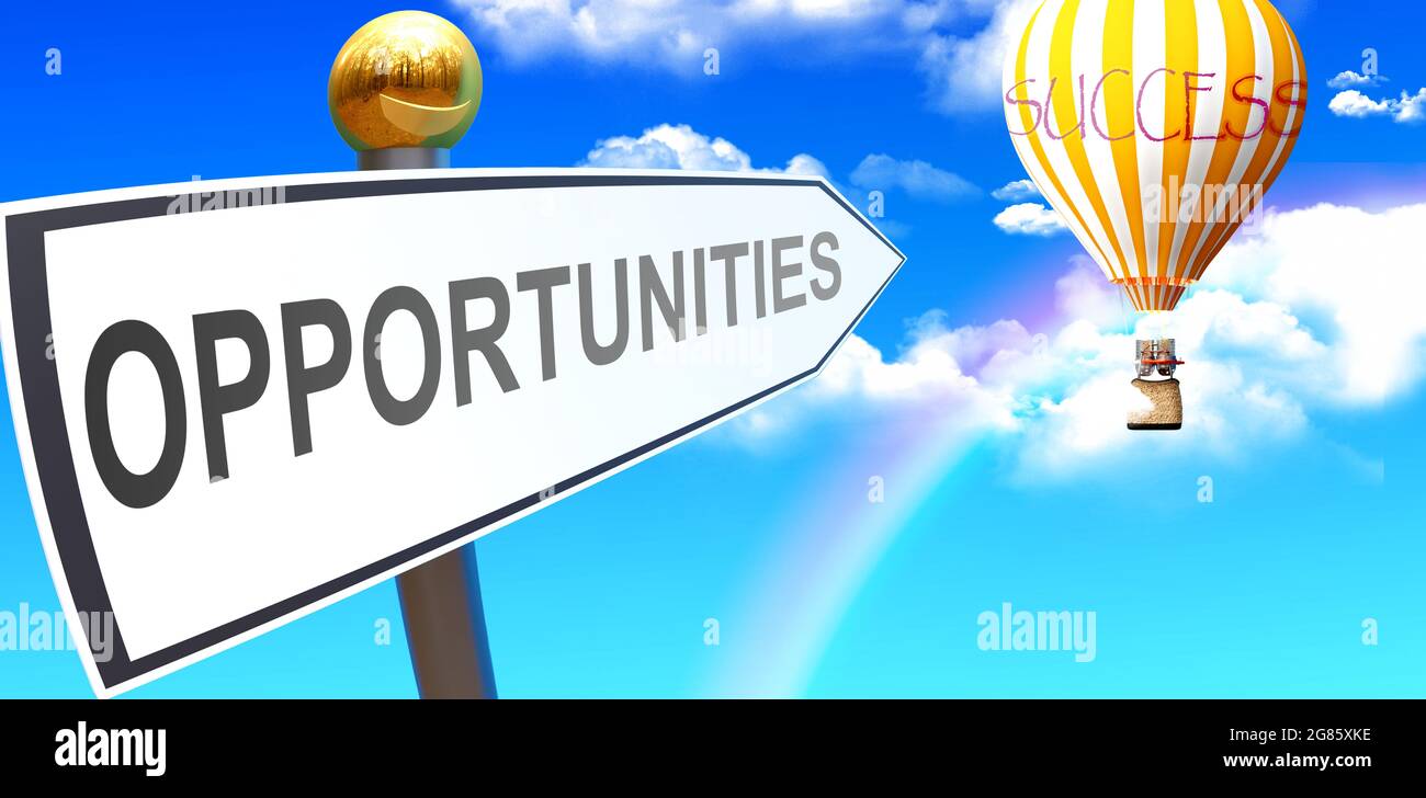 Opportunities leads to success - shown as a sign with a phrase ...