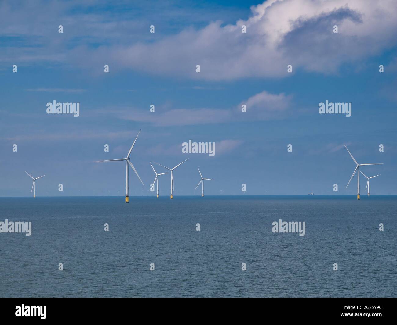 The wind turbines of Burbo Bank in the Mersey Estuary off New Brighton ...