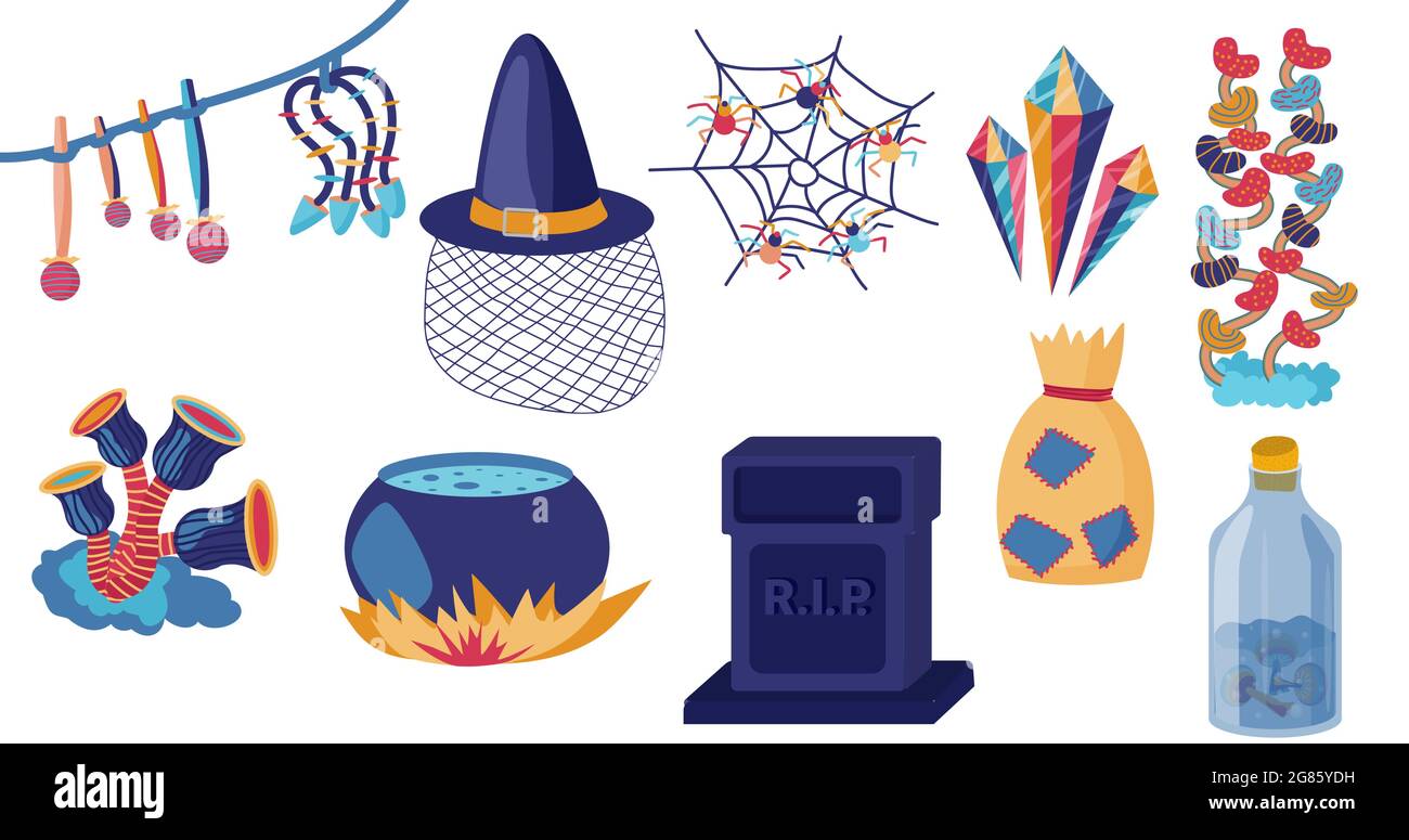 Witch items in cartoon style. spooky isolated vector illustration ...