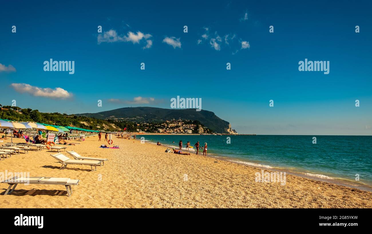 The beach of Numana with the Conero mount in the background in a ...