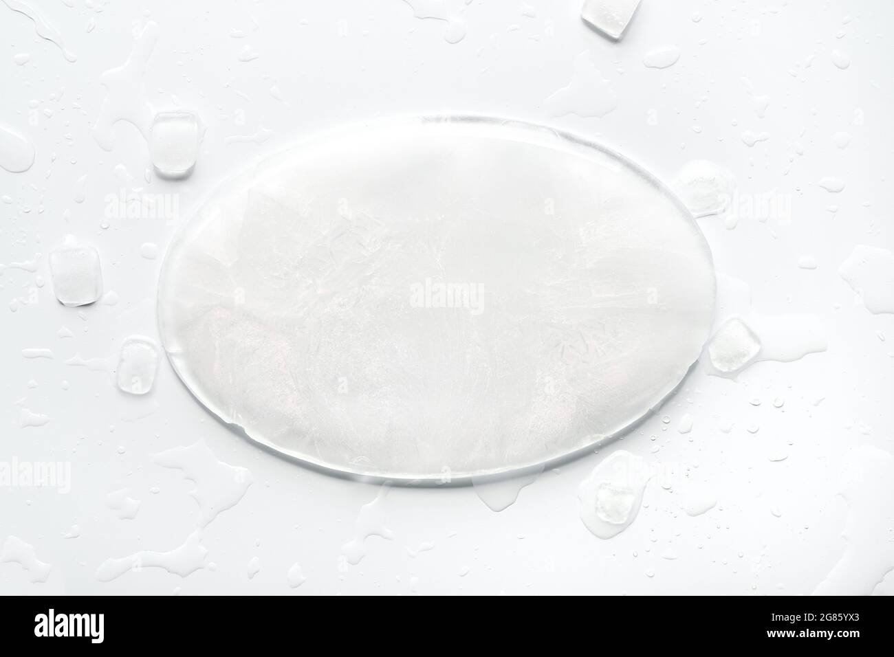 Oval ice winter frame, frozen cold off white textured background. Flat ...