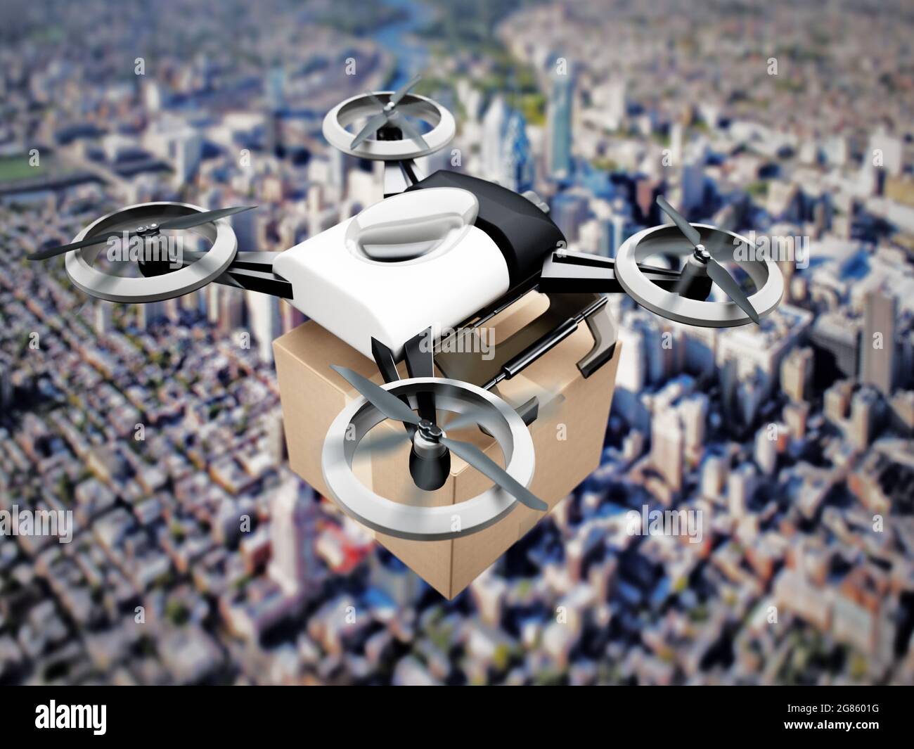 Unmanned drone carrying cargo box above the big city view. 3D ...