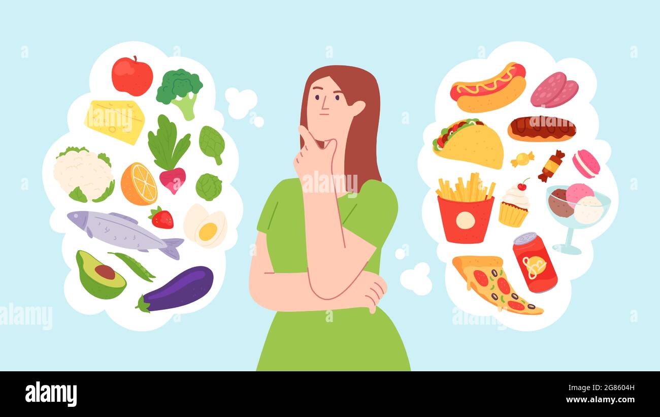 Woman on food diet. Healthy and unhealthy products balance. Character ... Woman on food diet. Healthy and unhealthy products balance. Character ...