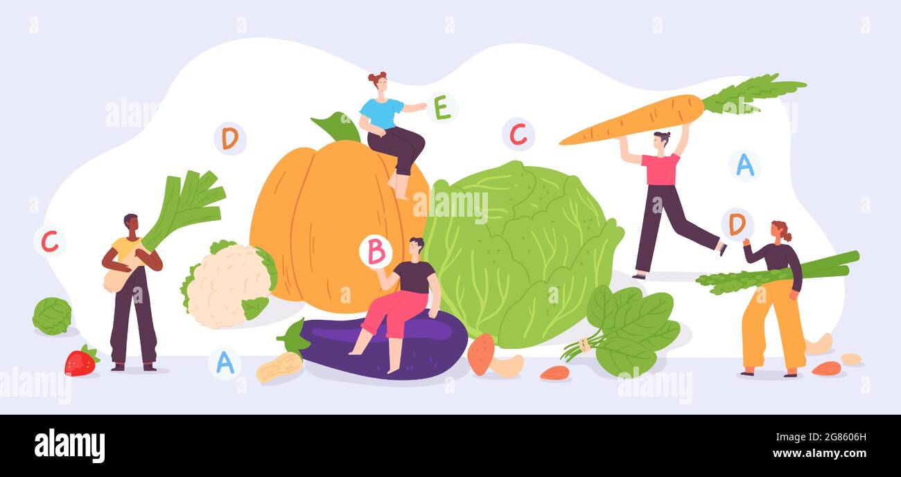 Healthy vegan food. Tiny people with vegetable and fruit. Fresh farm ...