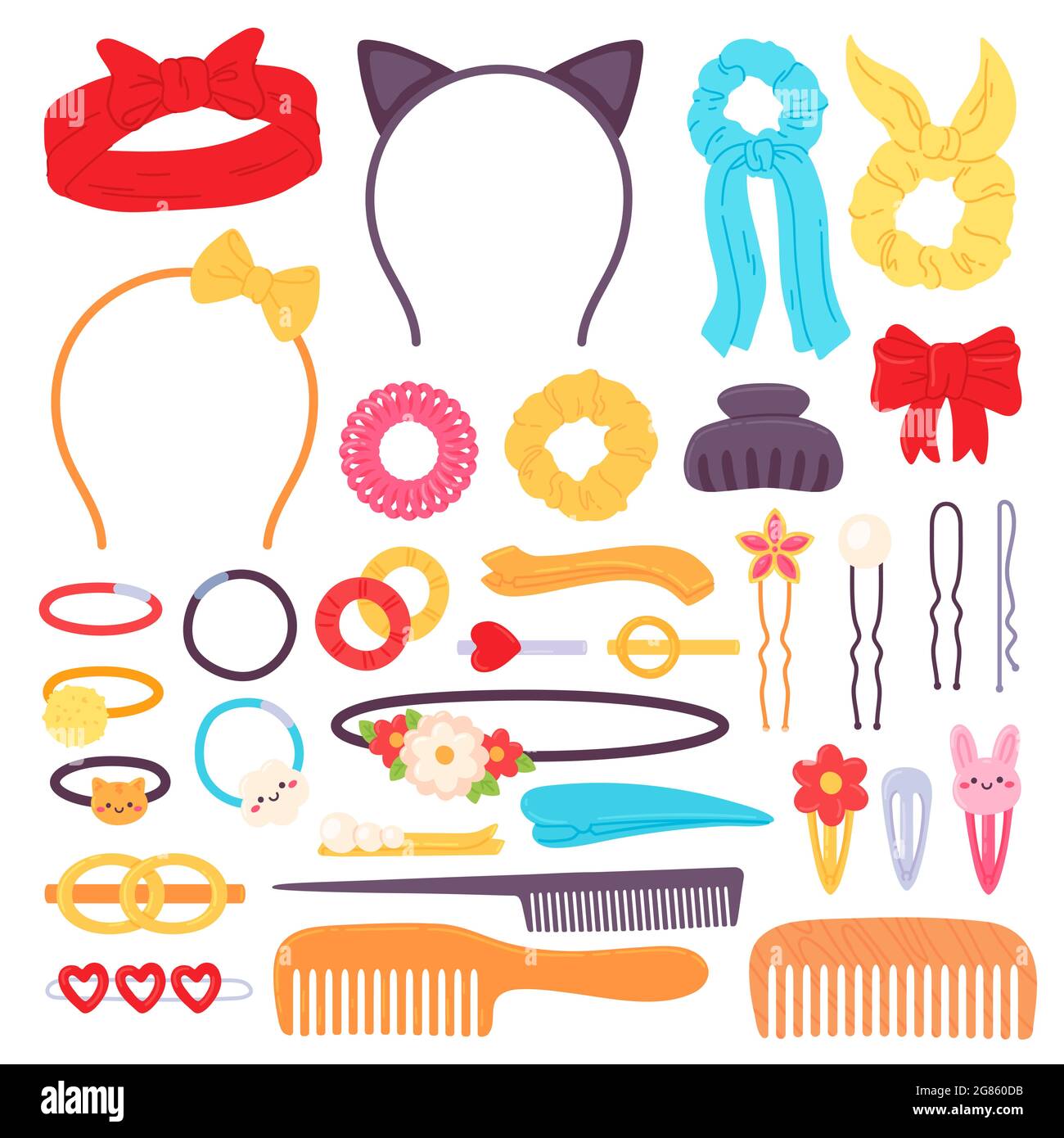 Hair accessories. Cartoon headband with ribbon bow, hairpin, clips ...