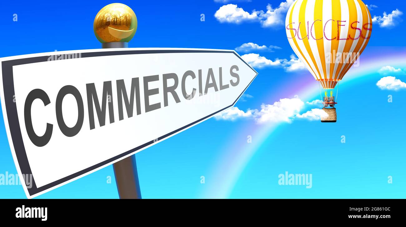 Commercials leads to success - shown as a sign with a phrase ...