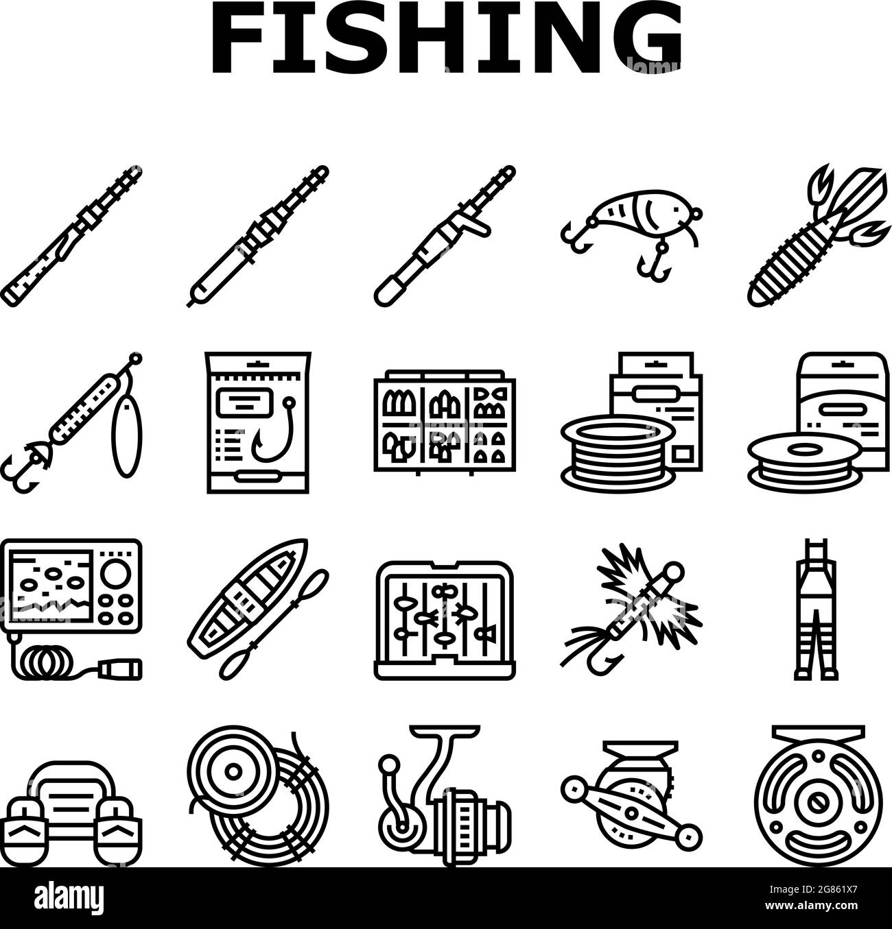 Fishing Shop Products Collection Icons Set Vector Stock Vector Image ...