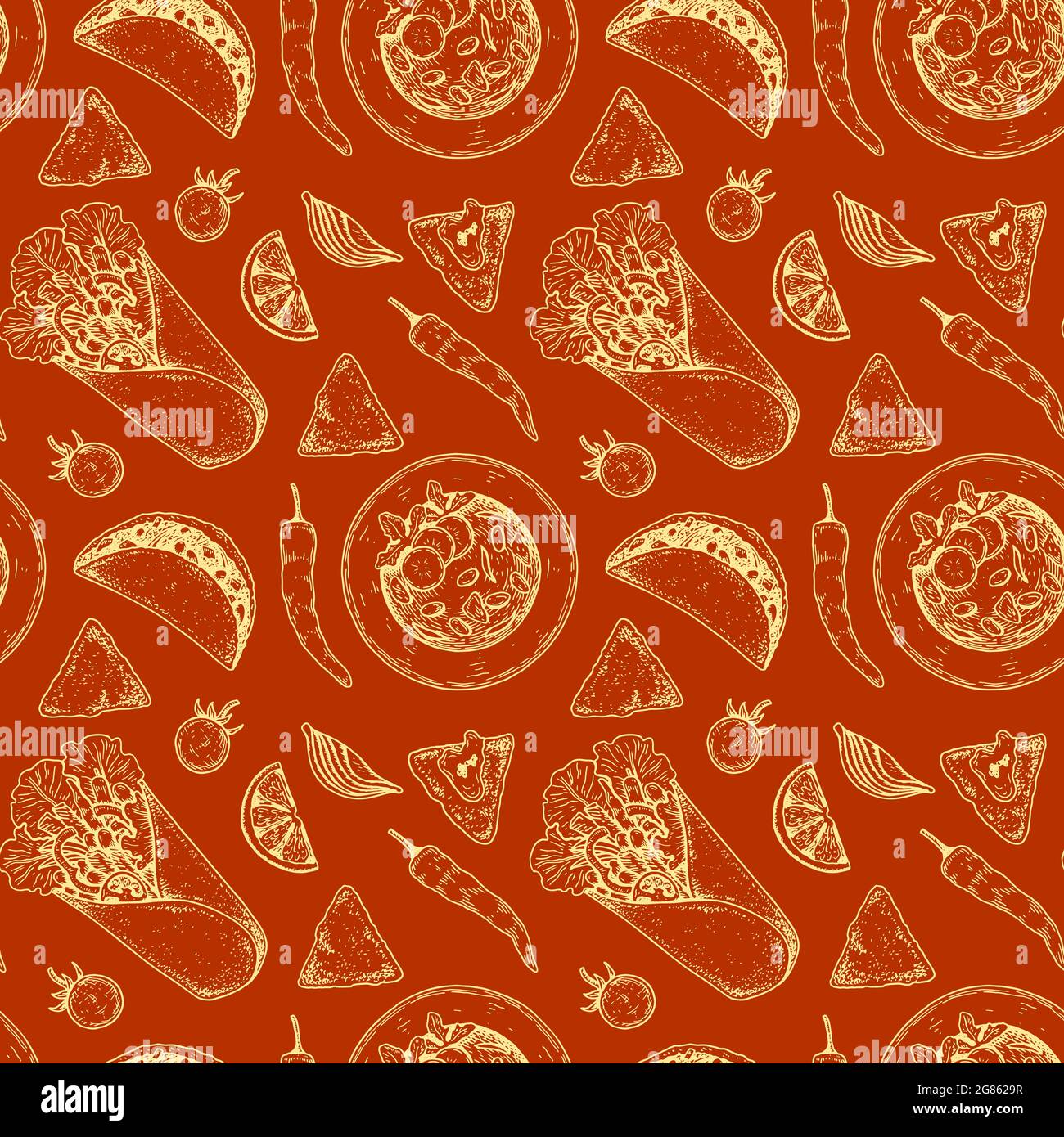 Mexican food seamless pattern with taco, nacho chips and burrito ...