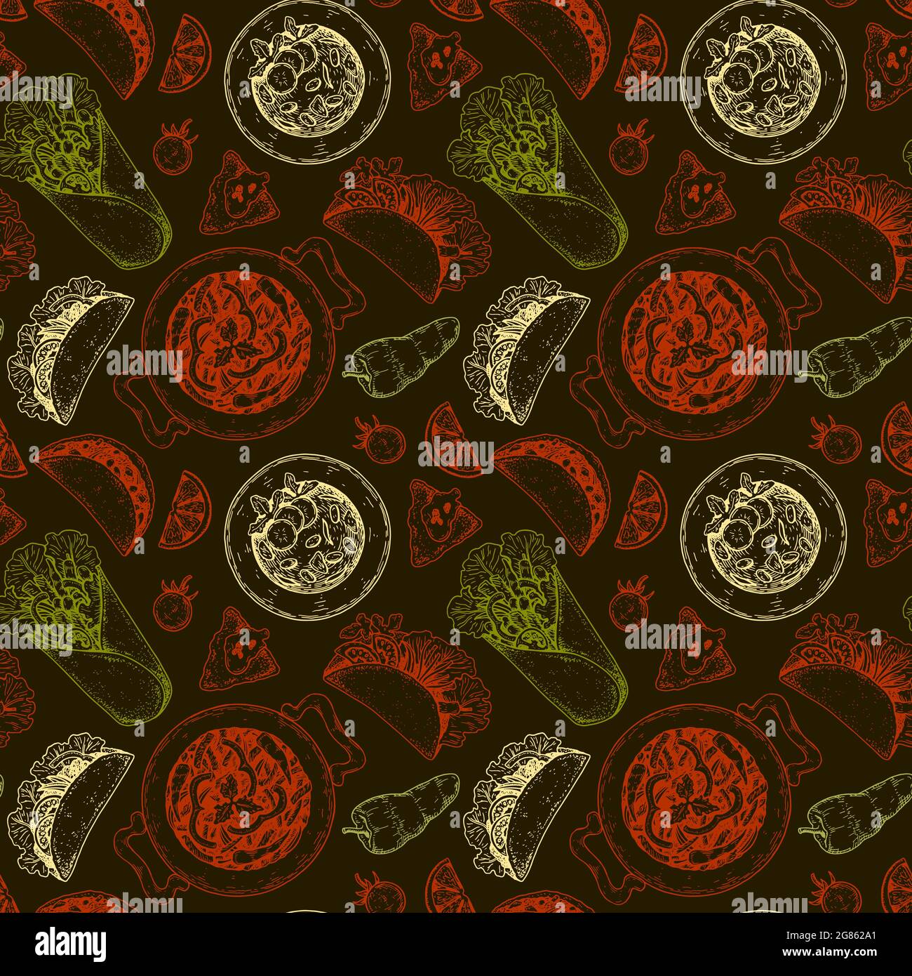 Mexican Food Seamless Pattern With Taco Burrito Nacho Chips Fajitas Vector Illustration In
