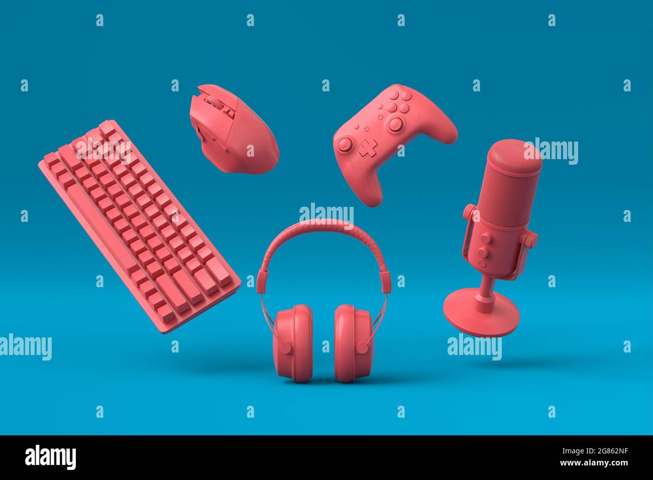 Flying gamer monochrome gears like mouse, keyboard, joystick, headset ...