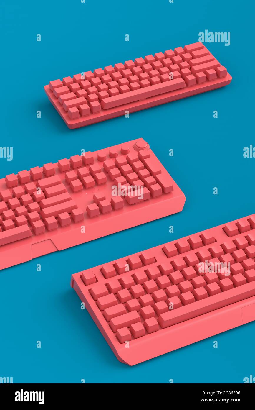 Top view of gamer workspace and monochrome gear like keyboards on blue ...