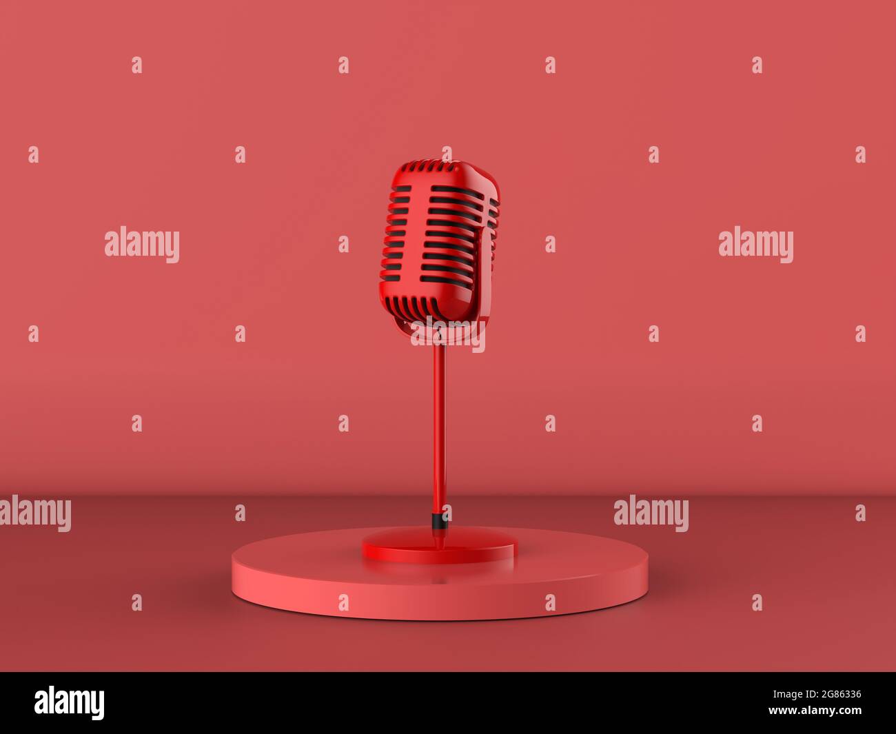 3d rendering red microphone on stage with red background Stock Photo ...