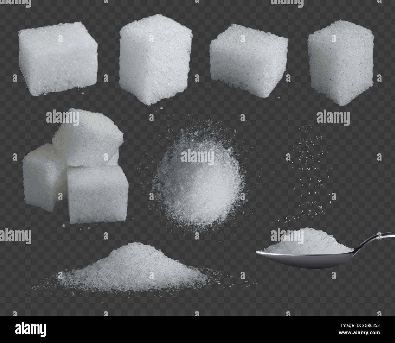 Realistic sugar. 3d glucose in cubes and powder. White grain sugar in ...