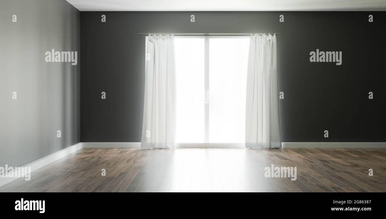 empty studio with dark walls wood floor and big windows and curtains ...